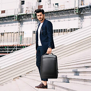 BOPAI Genuine Leather Backpack for Men Multi-Function Backpack 15.6 inch Business Laptop Backpack Travel Smart Rucksack with USB Charging Anti Theft Backpack Office Black