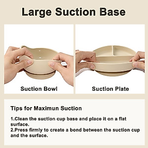 LITTLE RAWR Silicone Baby Feeding Set 14 Pcs,Baby Led Weaning Supplies, Baby Spoons Suction Bowl Divided Plate Bib Cup Finger Brush,First Stage Solid Food Eating Utensils - 6+ Months(Beige)