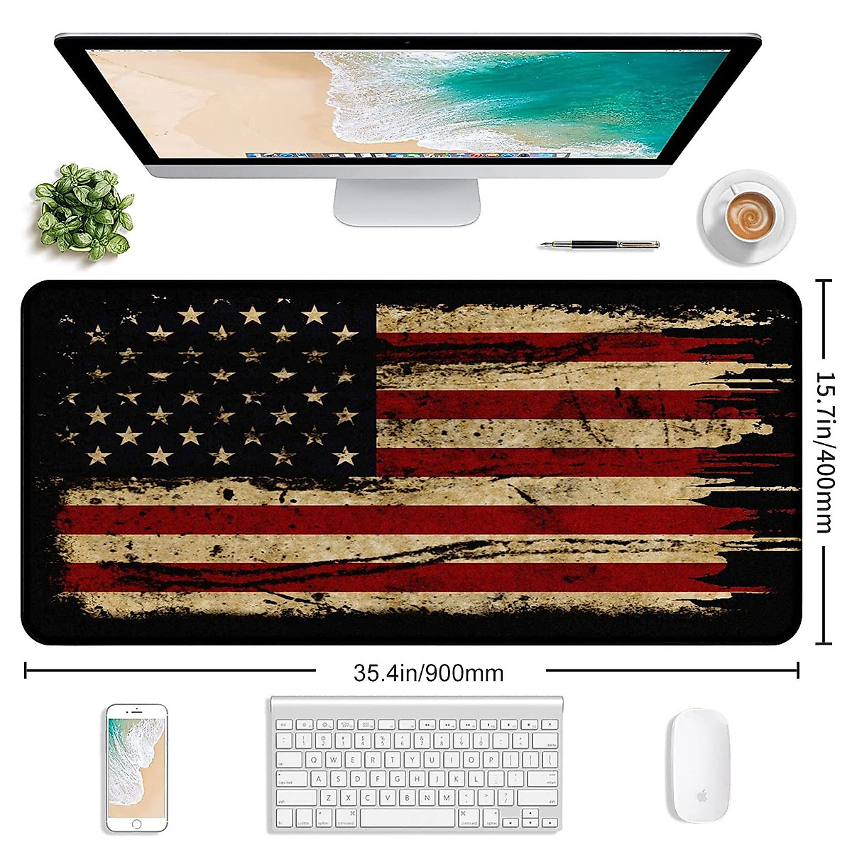 Large Extended Gaming Mouse Pad with Stitched Edges, Non-Slip Waterproof Rubber Base Mouse Pad for Office, Computer, Keyboard, Laptop and Home Desk Pad 35.4 x 15.7 x 0.12 Inch (American Antique Flag)