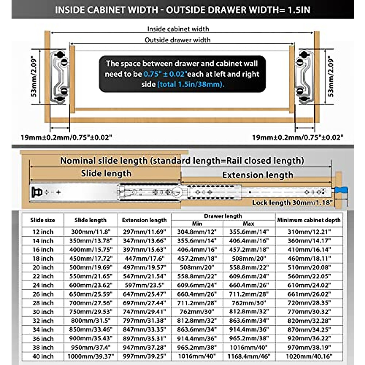 REGUDA Heavy Duty Locking Drawer Slides Full Extension Runners with Lock 12 14 16 18 20 22 24 26 28 30 32 34 36 38 40 Inch Side Mount Ball Bearing Rails Track Glides 250 Lbs (with lock, 20 inch)