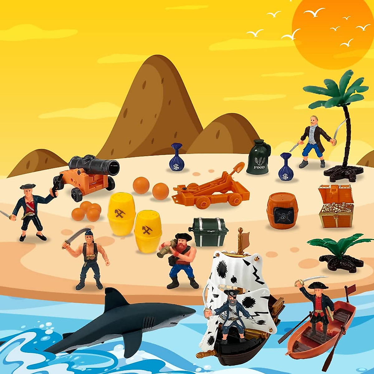 ArtCreativity Pirate Action Figure Playset, Pirate Play Set with Action Figurines, Storage Box, Pirate Ship Toy, Boat, Shark, Treasure Chests, & More, Pirate Party Decorations, Cake Toppers, & Gifts