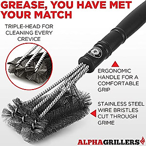 Alpha Grillers BBQ Grill Brush - Wire Grill Brush & BBQ Brush for Grill Cleaning - Grill Brush for Outdoor Grill & Gas Grill Cleaner for All BBQ Types