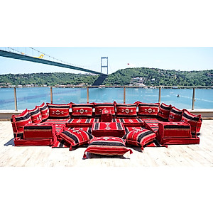 Red Corner Floor Sofa Seating Set, U Shaped Arabic Sofa Set, Oriental Floor Seating, Floor Cushions, Living Room Sofa, Arabic Majlis,Floor Couch (U Sofa Full Set)