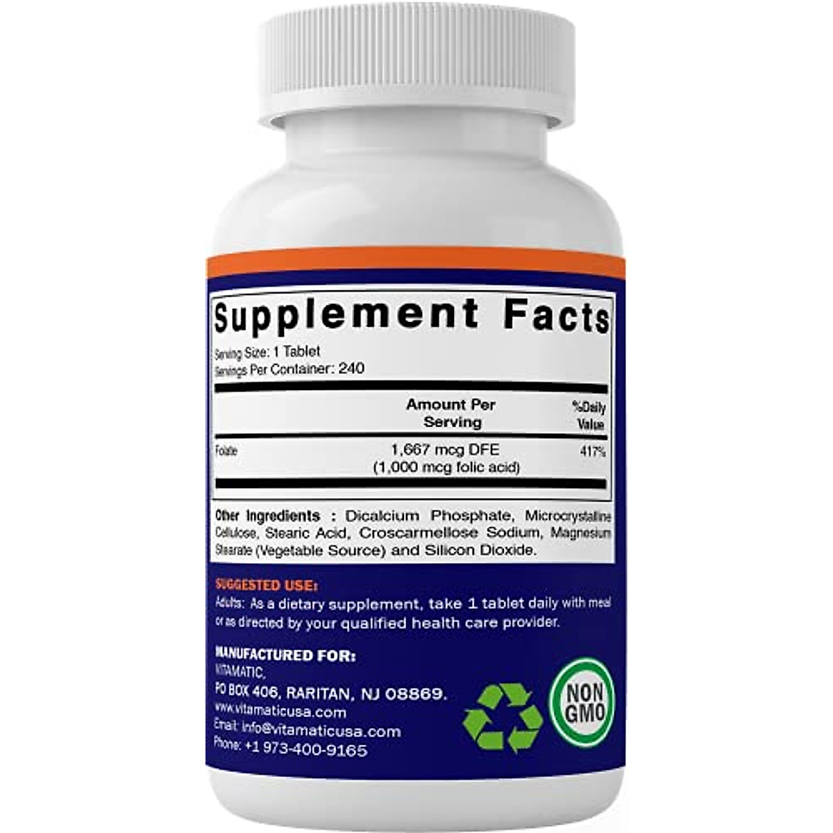 Vitamatic Folic Acid 1000 mcg (1 mg) - Vegetarian Tablets - 1667 mcg DFE - Vitamin B9 (240 Count (Pack of 1))