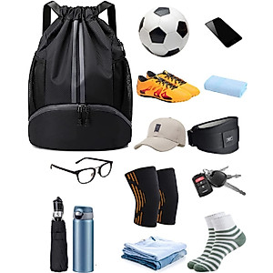 BROTOU Soccer Bags, Football Backpack, Volleyball Bag, Drawstring Soccer Backpack with Ball and Shoe Compartment, Gym Bags for Men/Women, Football bags for Equipment Swim Gym Bag (L,Black)