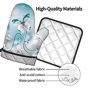 Butterfly Oven Mitts and Pot Holders Sets, Teal Oven Gloves Hot Pads Kitchen Heat Resistant Potholders for Cooking Baking Grilling BBQ