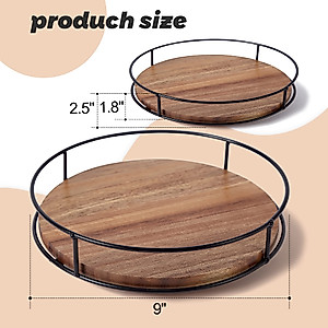 9" Acacia Wood Lazy Susan Turntable, Tomoaza Kitchen Organizer Turntable with Steel Sides, 360 Degree Turntable for Countertop Cabinet or Dining Table(Black)