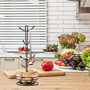 Black Metal Coffee Mug Holder for Countertop, Mugs Tree for 6 Cups with Coffee Pod Holder Storage Basket