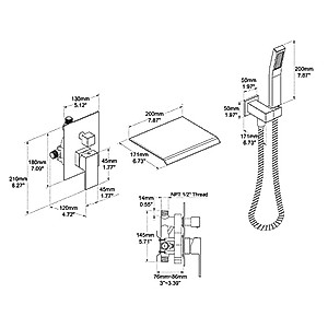 Wowkk Wall Mount Tub Filler Waterfall Tub Faucet Black Bathtub Faucet Brass Single Handle Bathroom Faucet with Hand Shower