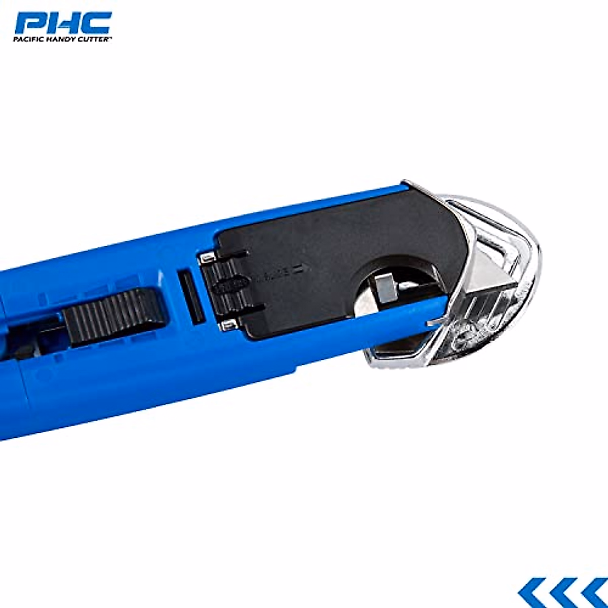 Pacific Handy Cutter S7 Safety Cutter, 3-in-1 Self-Retractable Utility Knife with Fold-Out Film Cutter, Bladeless Tape Splitter, Guard for Safety & Damage Prevention , Blue