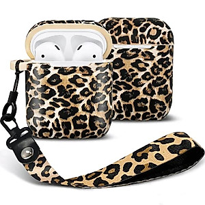 MOLOVA Case for Airpods 1&2 Case,Leopard Airpod Case with Strap Compatible with AirPods 2/1,Full Protect Silicone Skin Cover with Fur Ball Keychain for Women Girls Teen