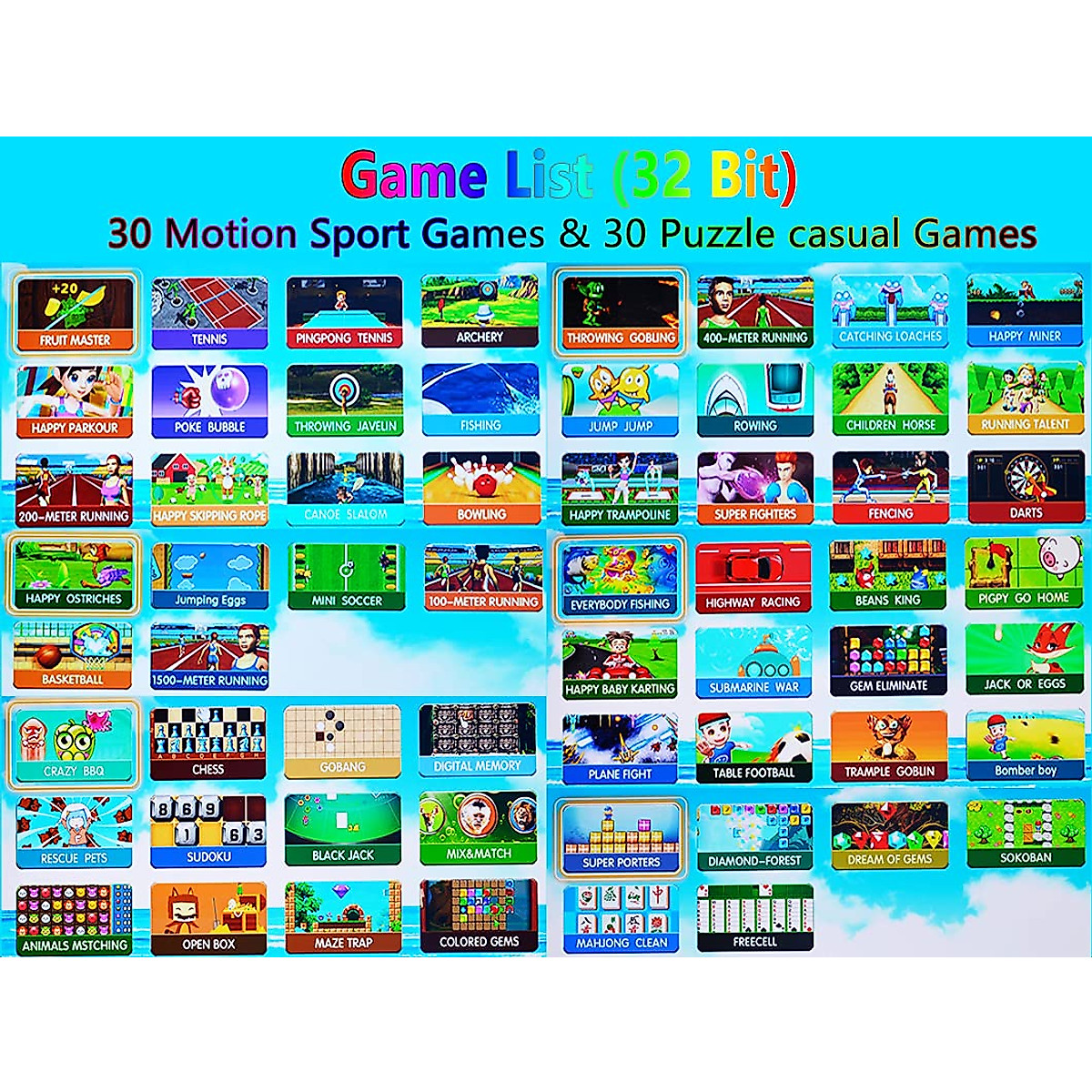 Great Boy 32 Bit TV Video Game Center for Kids with Build in 30 Somatic Games and 30 Wireless Controller Puzzle Casual Games Toy Birthday for Boys Girls (TV Games)