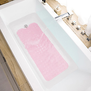 TEESHLY Bath Tub and Shower Mats, Non-Slip 39 x 16 Inch Extra Long Bathtub Mat, Machine Washable BathMat with Drain Holes, Suction Cups for Bathroom (Opaque Pink)