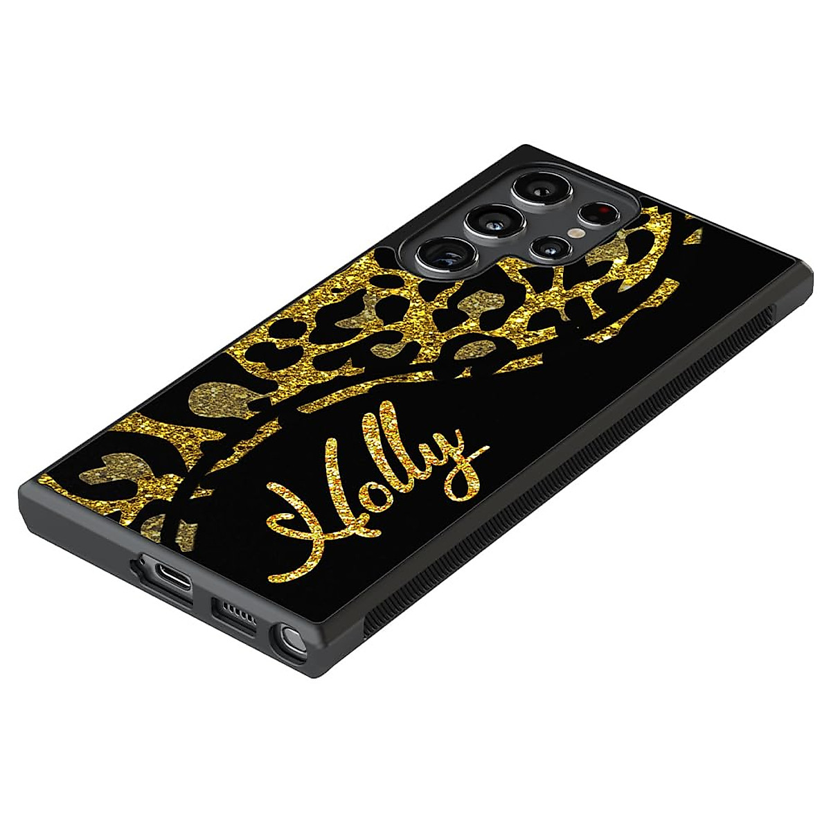 Leopard Gold Personalized Black Rubber Phone Case Compatible With Samsung Galaxy S25 S25+ S25 Ultra S24 S24+ S24 Ultra S24FE, S23 FE S23+ Ultra S22 S22+