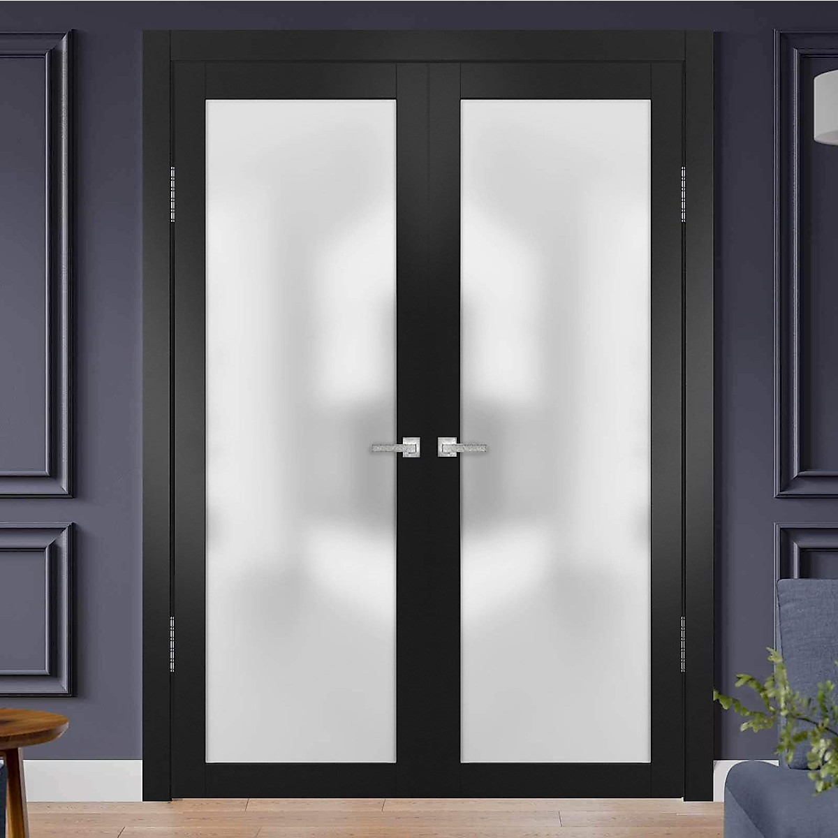SARTODOORS Solid French Double Doors 36x96 inches Frosted Glass | Planum 2102 Matte Black | Wood Solid Panel Frame Trims | Closet Bedroom Sturdy Doors