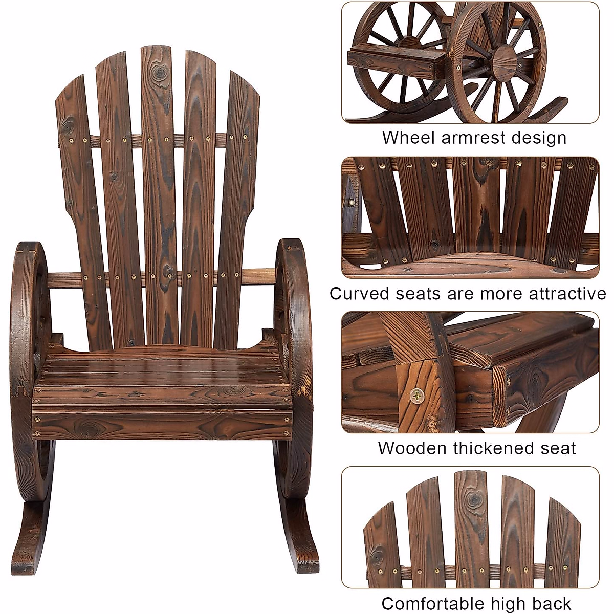 Kinsuite 2 PCS Fir Wooden Rocking Chair Set with Wheel Armrest, Outdoor Wagon Rocking Chairs for Garden, Lawn, Yard, Rustic Brown