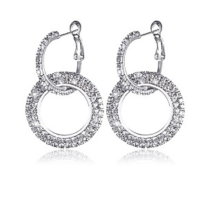 Fashion Rhinestone Double Circle Hoop Earrings Drop Studs for Women (Silver)