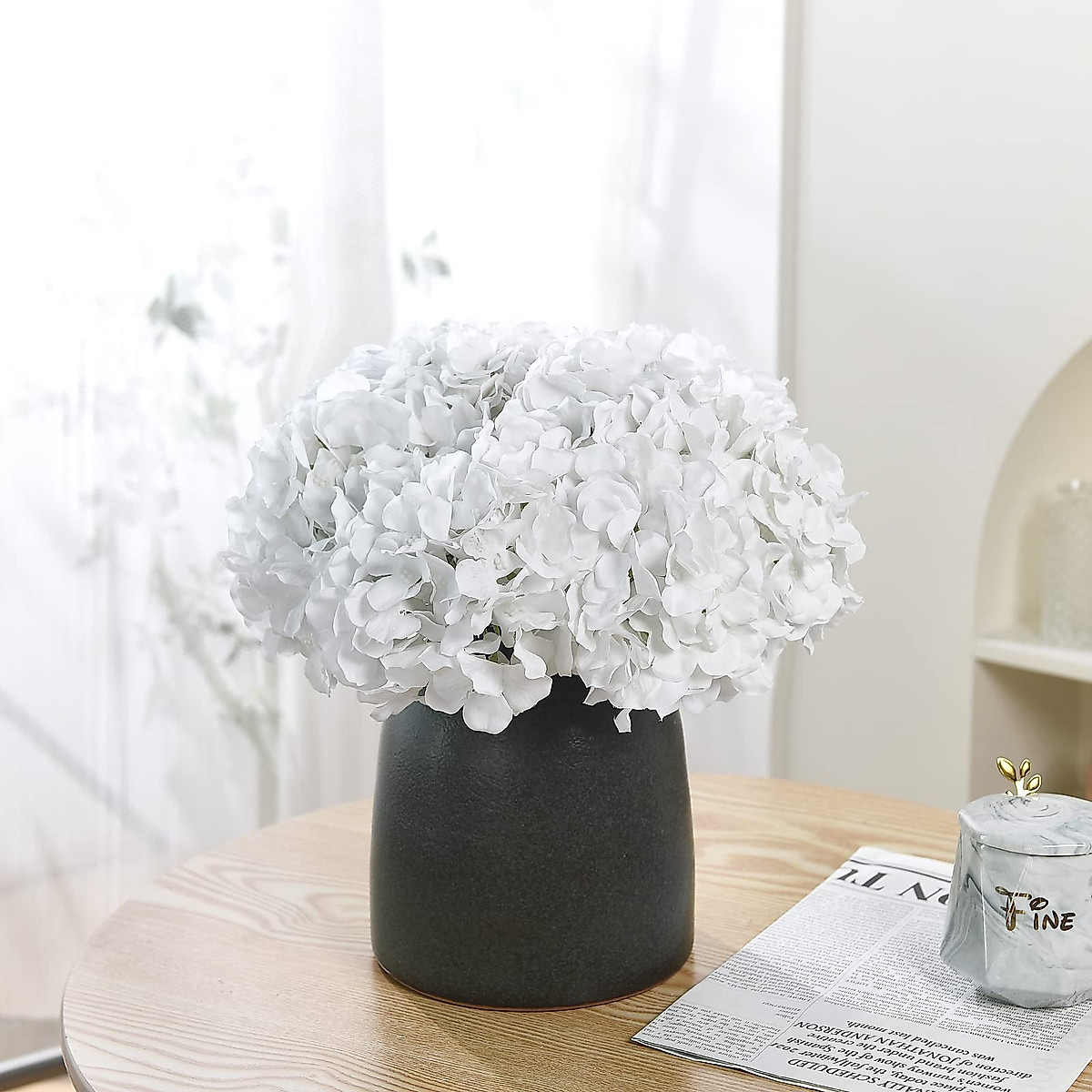 LUSHIDI Silk Hydrangea Heads with Stems Artificial Flowers Heads for Home Wedding Decor,Pack of 10 (White)