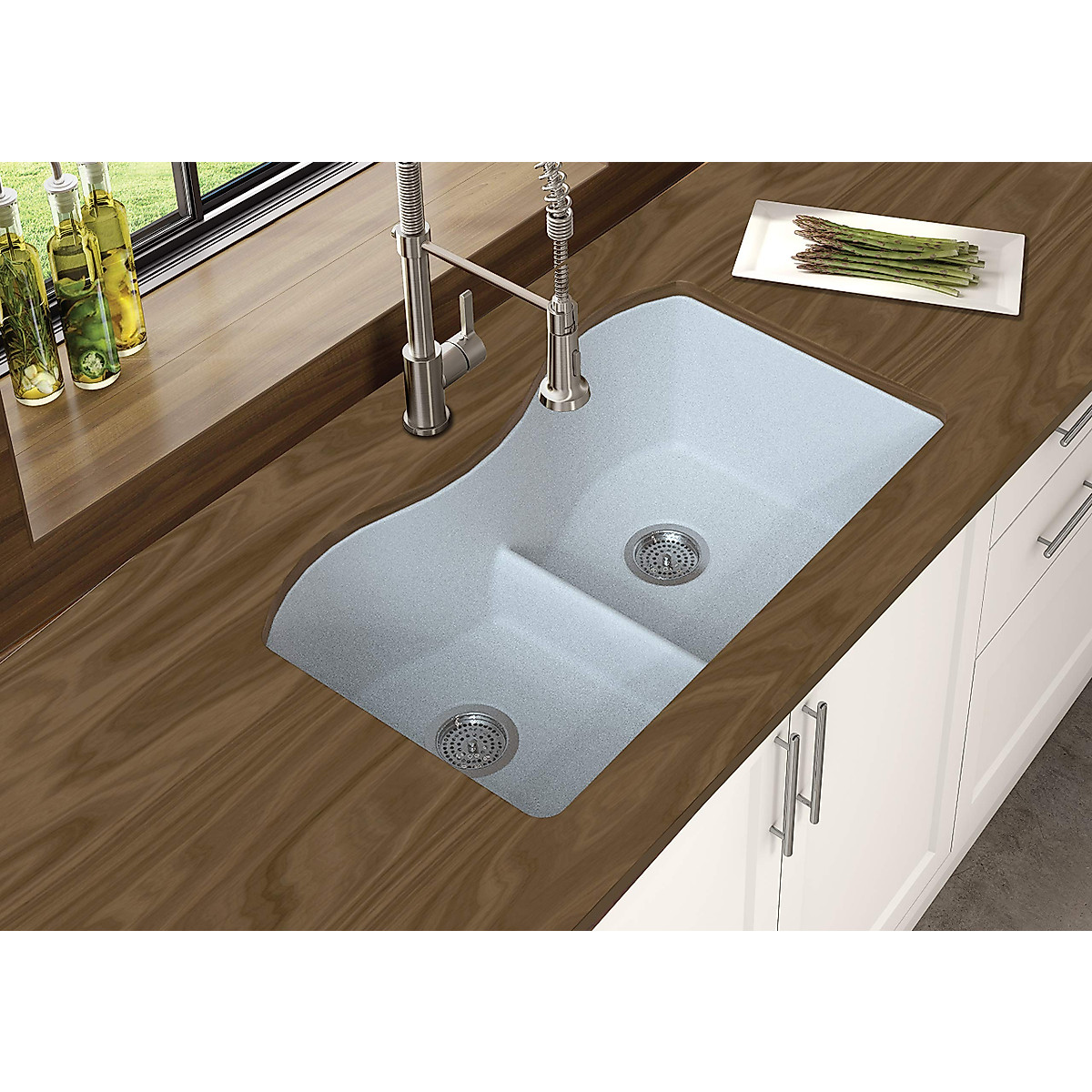 Winpro White Granite Quartz 33" x 22" x 10", 50/50 Double Bowl Undermount Sink with Aqua Divide