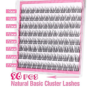 Natural Cluster Lashes Wispy CC Curl 9-11MM Mixed Lengths Eyelash Extension Individual 96 Pcs DIY Lash Extension at Home