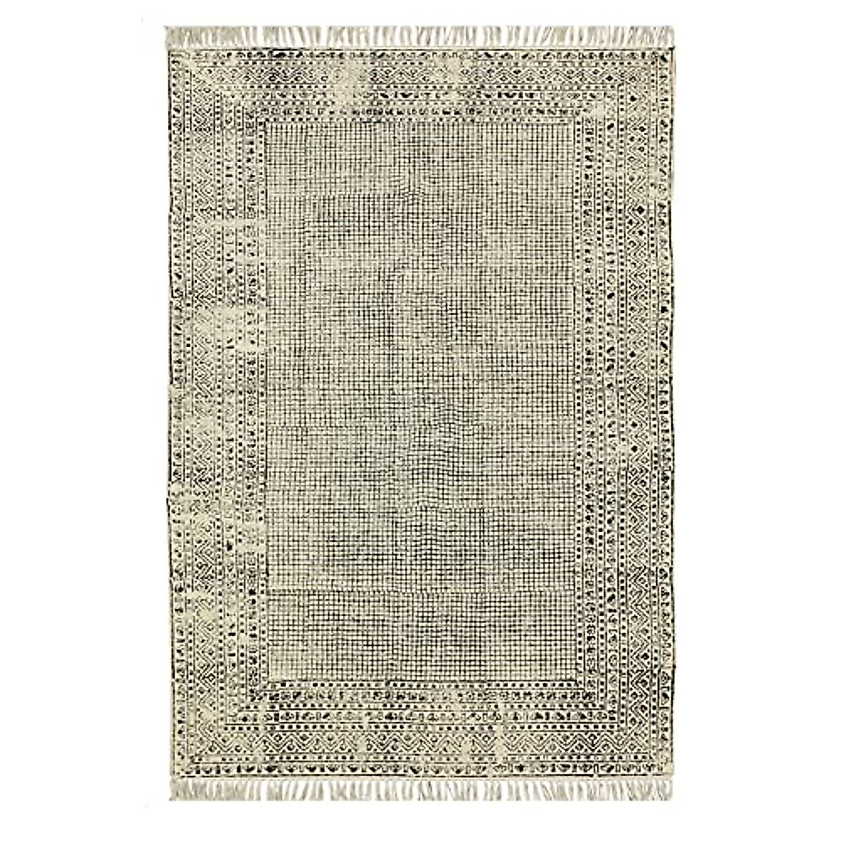 Casavani Indian Handmade Cotton Dhurrie Geometric Gray & Black Floor Carpet For Doormat Best Uses For Bedroom,Living Room,Dining Room,Kitchen,Purch,Balcony 6x8 Feet
