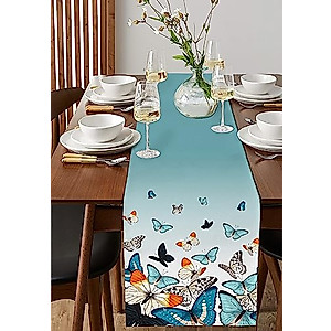 Lsrtoss Teal Ombre Table Runner 72 Inches Long Farmhouse Dress Scarves, Blue Orange Butterfly Modern Abstract Art Dining Tablerunner for Coffee Table/Kitchen Island/Party Décor, 18" x 72"