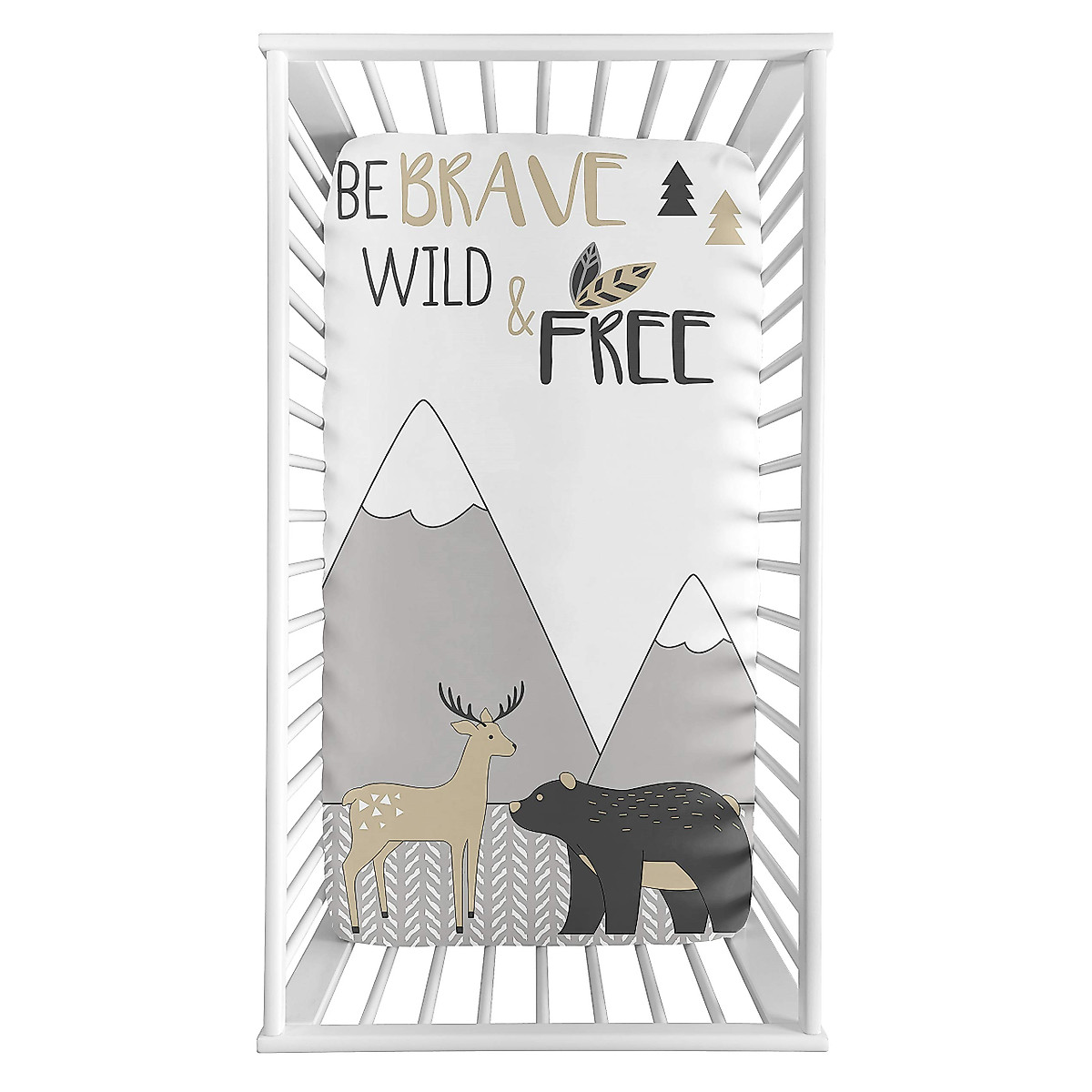 Sweet Jojo Designs Woodland Animal Boy or Girl Fitted Crib Sheet Baby or Toddler Bed Nursery Photo Op - Beige, Grey and White Boho Deer Bear Mountain Friends