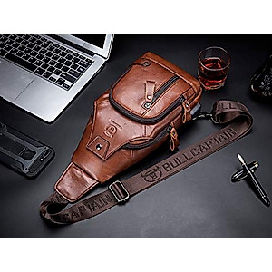 BULLCAPTAIN Genuine Leather Mens Sling Bag Multipurpose Travel Crossbody Chest Bag Daypacks with USB Charging Port (Brown)
