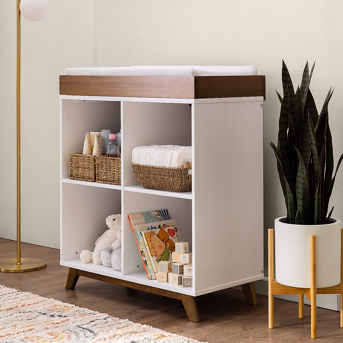 DaVinci Otto Convertible Changing Table and Cubby Bookcase in White and Walnut