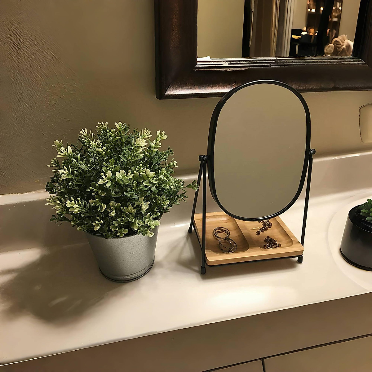 JOYOEIKON Tabletop 5x/1x Magnifying Makeup Mirror with Squared Bamboo Tray Small Desk Mirror 360° Rotation Vanity Mirror with Stand Desktop Cosmetic Mirror