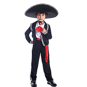 STIOEDYUAN Kids Mexican Costume Folklorico Cinco De Mayo Amigo Day Of The Dead Mariachi Halloween Cosplay Outfit Fiesta (Black, X-Large)
