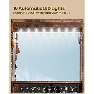 Hzuaneri 16 LEDs Jewelry Cabinet Armoire, 63" H Standing Jewelry Organizer with 360° Rotating Base, Lockable Full-length Mirror, 4-tier Storage Shelves, 4-in-1 design, Rustic Brown JC16003X