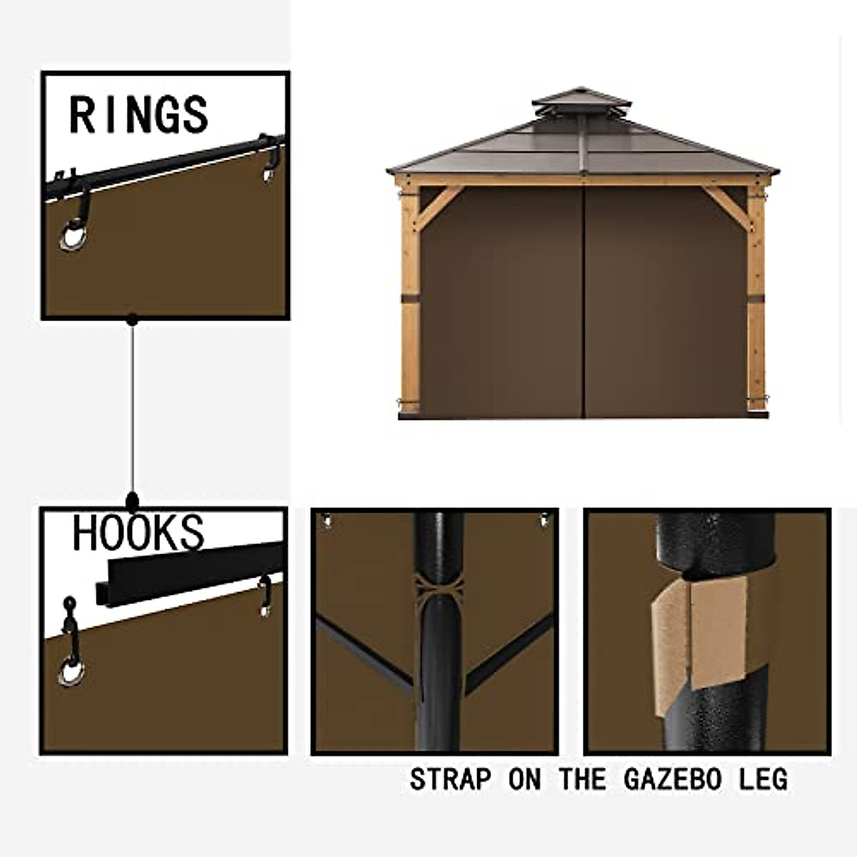 Garden Sunny 10-ft x 10-ft Gazebo Curtains,Privacy Sidewall Set 4-Panel Universal Replacement Shade Curtains Set,Protecting Side Walls (Only Curtain)- Brown