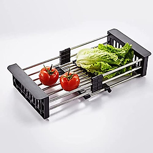 GULICA Dish Drying Rack Black, Adjustable Stainless Steel Drainer Basket Drain Tray for Dish Vegetable Fruit, 18.2" x 8.9", On or in Sink Kitchen Basket Dish Drying Rack