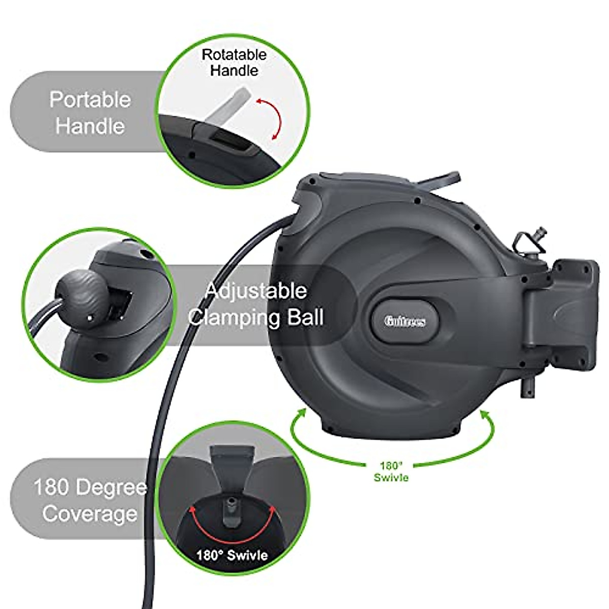 Guitrees Retractable Garden Hose Reel 1/2” 150FT+6FT With Cover, Slow Return System, Any Length Lock, Wall Mounted, 9 Function Nozzle and 180°Swivel Bracket (Grey)