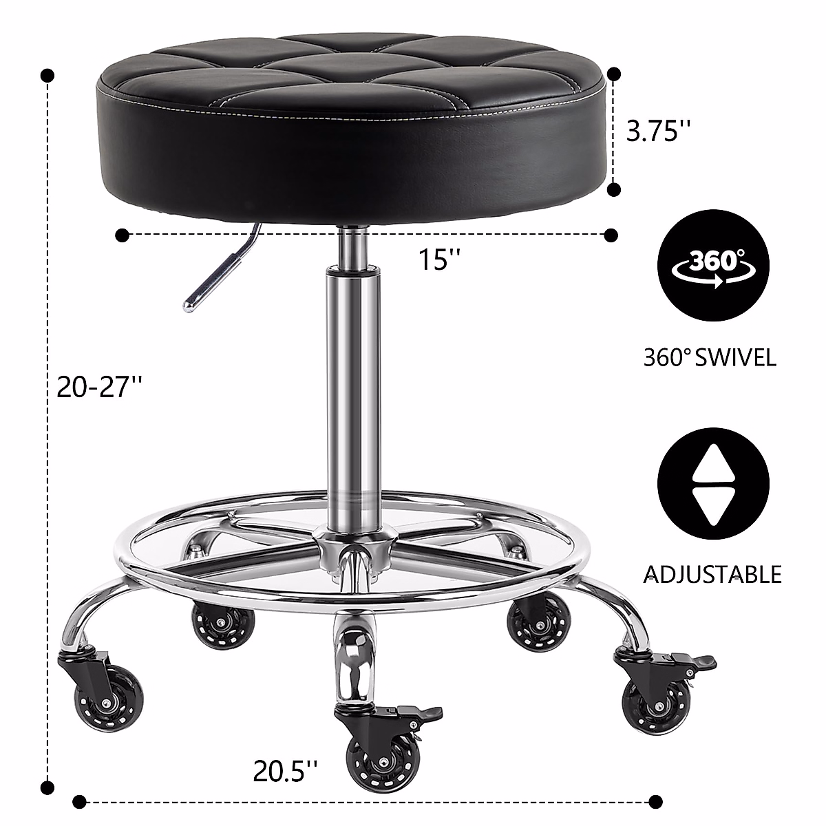 CoVibrant Lockable Rolling Stool Adjustable Swivel Stool with Noiseless Rubber Wheels and Foot Rest for Kitchen Medical Esthetician Studio