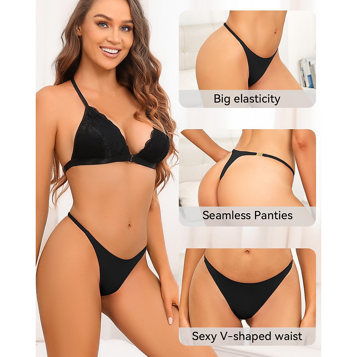 SHEKINI Women's 6 Pack G-String Thong for Women T-back Panties Underwear Sexy Hipster Thongs(Black,Medium)