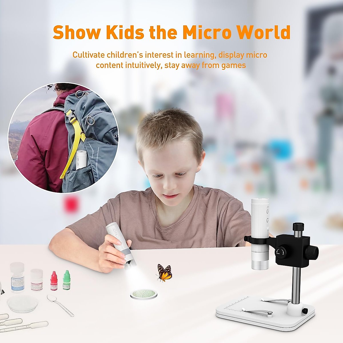 Wireless Digital Microscope Camera, GUVOP 50X-1000X Magnification WiFi Portable Handheld USB Microscopes with 8 LED & Stand,Compatible for iPhone, Android, Electronic Microscope for Kids Adults-White