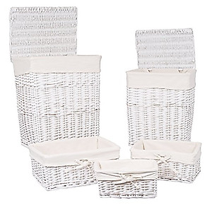 BIRDROCK HOME Woven Willow Baskets with Liner for Storage and Laundry - Set of 5 - Rectangular Hamper Bins with Lids - Decorative Wooden Wicker Basket for Organizing Blankets - Baby Organizer - White