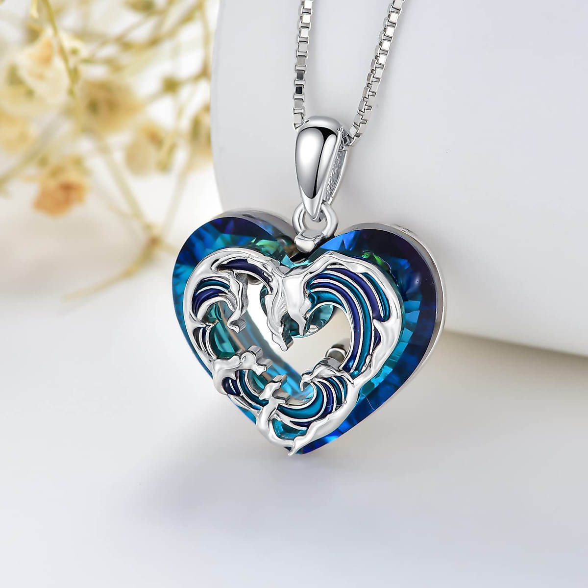 Shusukue Wave Necklace 925 Sterling Silver Heart Blue Crystal Necklace Surfer Beach Jewelry Gifts Ocean Summer Jewelry Gifts for Women