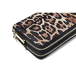 Daisy Rose Dual Zipper Phone Clutch and Wallet for Women - RFID Blocking, PU Vegan Leather Multi-Card Organizer - Leopard