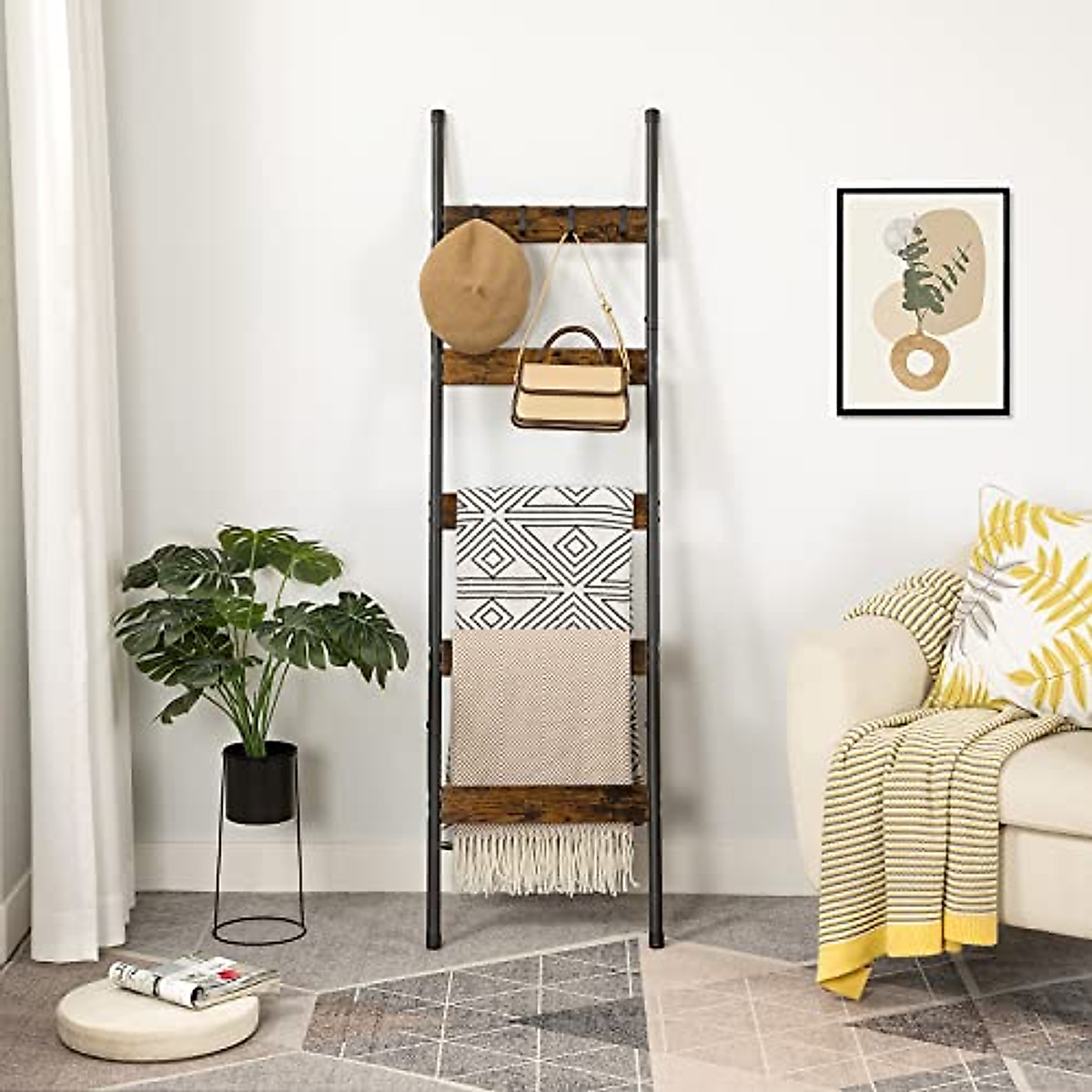 HOOBRO Blanket Ladder, 5-Tier Towel Rack with Hooks, Wall-Leaning Blanket Rack, Decorative Display Ladder Shelf, Scarves, Industrial, Living Room, Bedroom, Rustic Brown and Black BF52CJ01