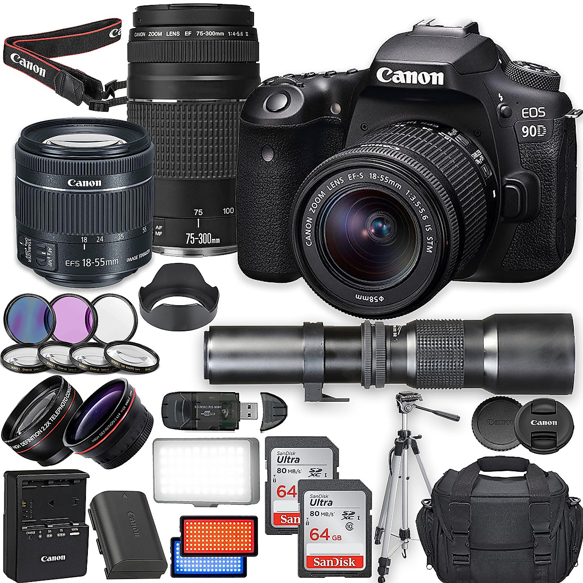 Canon EOS 90D DSLR Camera with EF-S 18-55mm f/4-5.6 is STM Lens + Canon EF 75-300mm f/4-5.6 III Lens + 500mm f/8 Focus Preset Lens + 2 Pc 64GB Memory Cards + Tripod + Case + LED Video Light & More