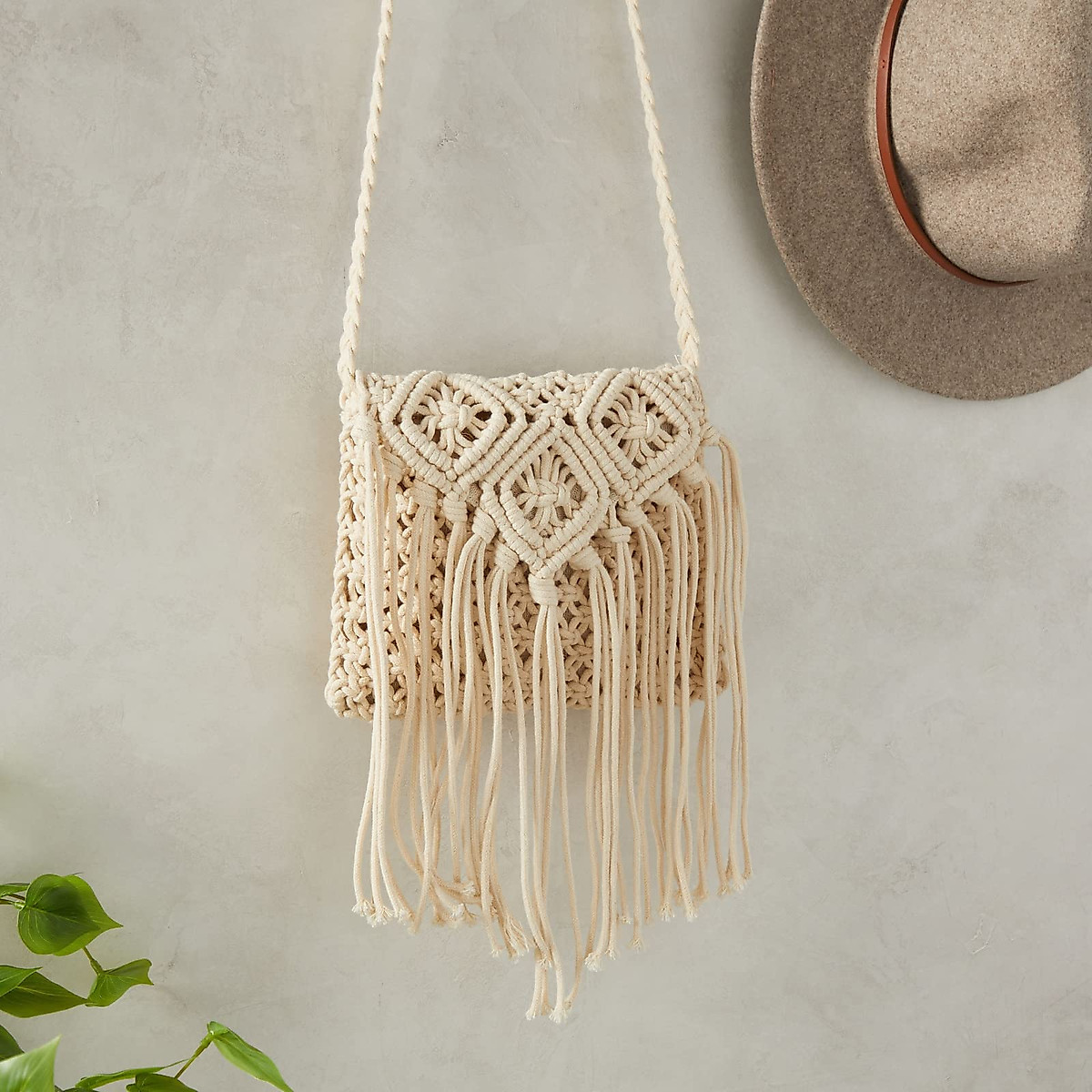 Small Cotton Crochet Purse with Tassel, Hippie Crossbody Bags for Women (White)