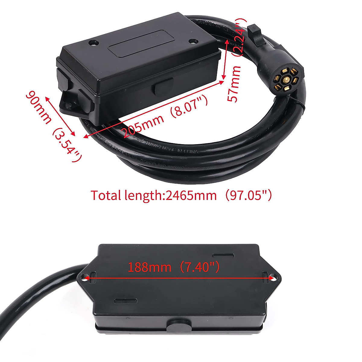 Emptty Inline Trailer Plug, Heavy Duty 7 Way Plug Inline Trailer Cord with 7 Gang Junction Box - 8 Feet Ideal for RVs, Trailers, Campers, Caravans, Trucks, Food Trucks and Other Towing Vehicles