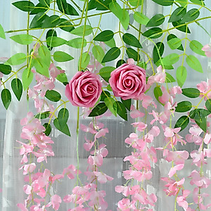 Mandy's 12pack Pink Fake Flowers Artificial Silk Wisteria Vine Ratta Hanging Fake Plants 43” for Home Party Wedding Decorations