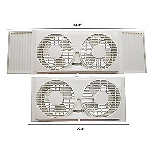 JOEY'Z 9-inch Twin Window Fan with Manual Reversible Airflow Control, Auto-Locking Expanders, and 2-Speed Fan Switch (Min. 22.4" Max. 34.3") Expanders and Leg Stands Included