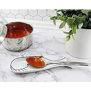 Cornucopia Whale Spoon Rest; Blue and White Ceramic Novelty Spoon Holder for Kitchen Stove