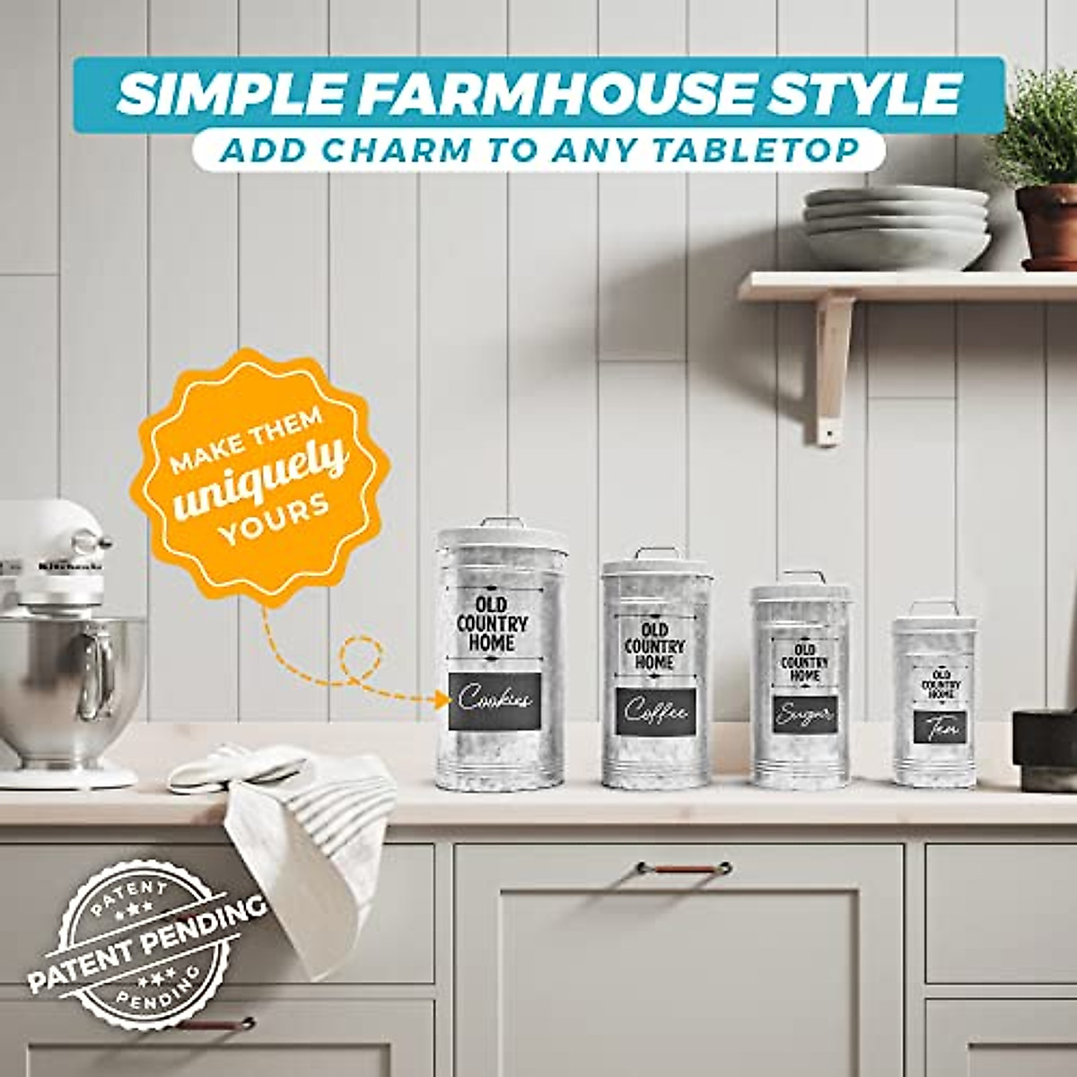 Saratoga Home Farmhouse Canister Set for Kitchen Coffee Tea Sugar Container Set with Labels & Marker, 4 Airtight Galvanized Rustic Tin Metal Flour Sugar Canister Sets for Kitchen Counter, Silver