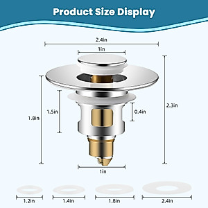 2PACKS Bathroom Sink Stopper for Standard Drain Holes, All Metal Bathroom Pop Up Sink Strainer with Bullet Core Push Type Stainless Steel Plug, Chrome Finish